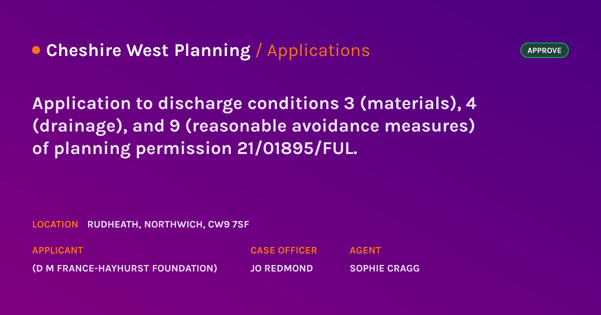 Planning Application 23/03768/DIS Details — Cheshire West